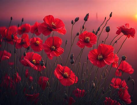 Premium Photo A Field Of Poppies With A Sunset In The Background