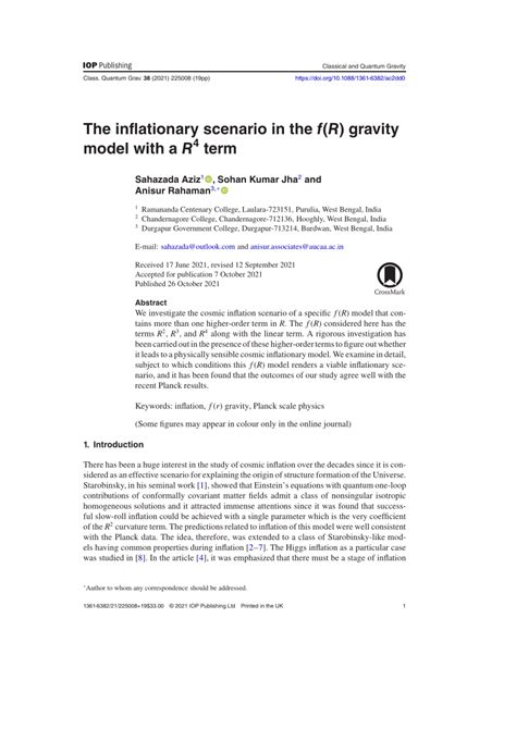 The Inﬂationary Scenario In The F R Gravity Model With A R 4 Term Request Pdf
