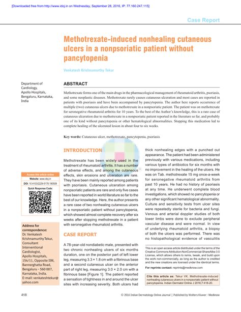 Pdf Methotrexate Induced Nonhealing Cutaneous Ulcers In A Nonpsoriatic Patient Without