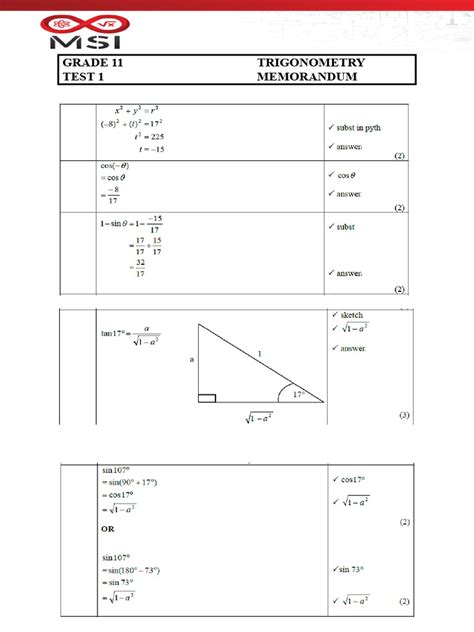 Grade 11 Trigonometry Test Memorandum Pdf