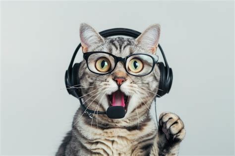 Premium Photo Surprised Cat Phone Operator In Headset Customer