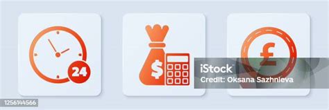 머니 백 시계 24 시간 및 파운드 스털링 기호와 동전 돈으로 계산기를 설정합니다 흰색 정사각형 버튼 벡터 벽 시계에 대한 스톡 벡터 아트 및 기타 이미지 Istock