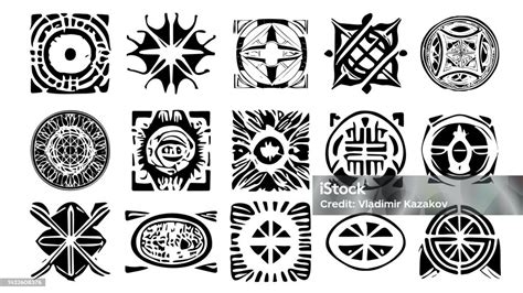 그런 지 스타일의 난해한 디자인 요소 세트 불규칙한 모양과 거친 가장자리가있는 신비한 상징 블랙 실루엣 0명에 대한 스톡 벡터