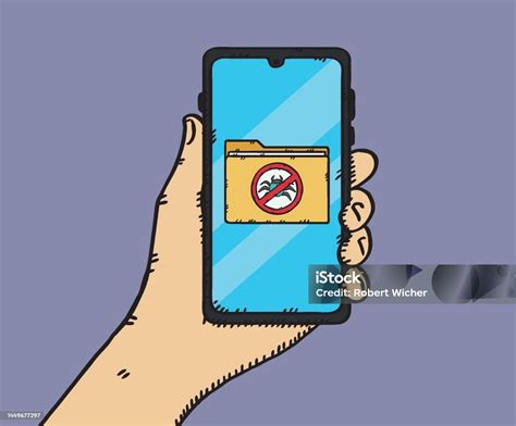 손은 랩톱 화면에있는 컴퓨터 웜 및 바이러스를 금지하는 표시와 함께 컴퓨터를 잡습니다 이 기호는 바이러스 백신이 실행 중임을 나타냅니다 벡터 손으로 그린 그림입니다 곤충에