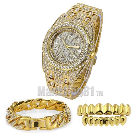 Gold Plated Simulated Diamond Luxury Hip Hop Watch And Iced Bracelet
