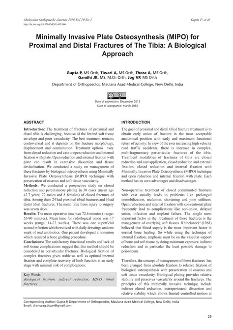 Pdf Minimally Invasive Plate Osteosynthesis Mipo For Proximal And Distal Fractures Of The