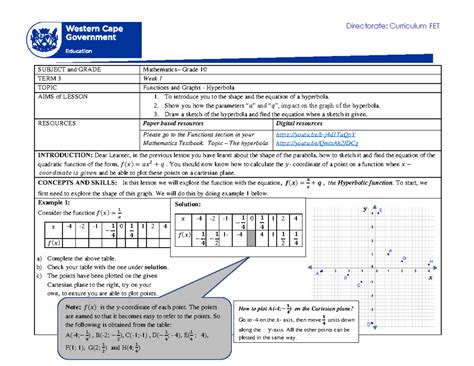 Mathematics Grade 10 Term 3 Week 1 Exploring The Hyperbola Studocu