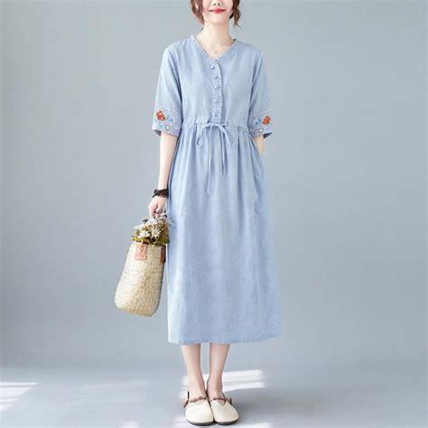 Robe En Lin Et Coton Pour Femme Mode Avec Cordon De Serrage Mi Longue Volants D Contract E T