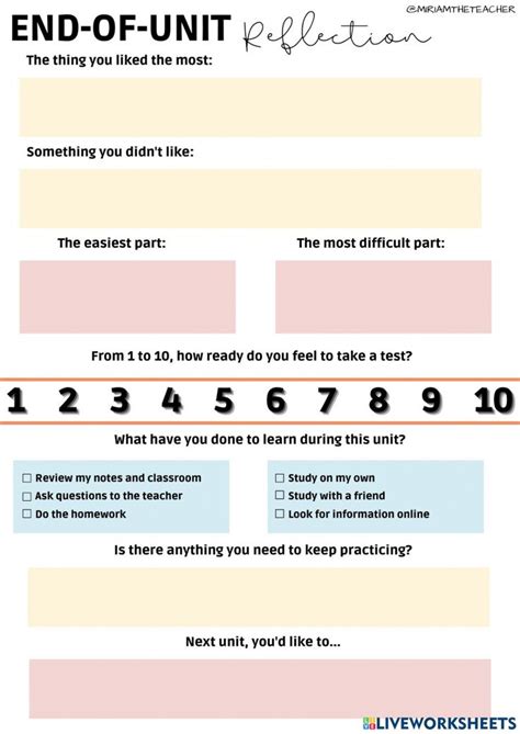 end of unit reflection sheet worksheet