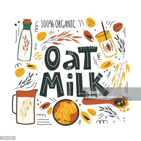 귀리 우유 건강한 유기농 오리지널 비건 채식주의 자 다이어트 매일 영양을위한 귀리 요소의 손으로 그린 그림과 레터링 인쇄를위한