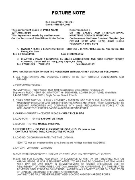 Fixture Note Chartering Minh Nguyện Pdf