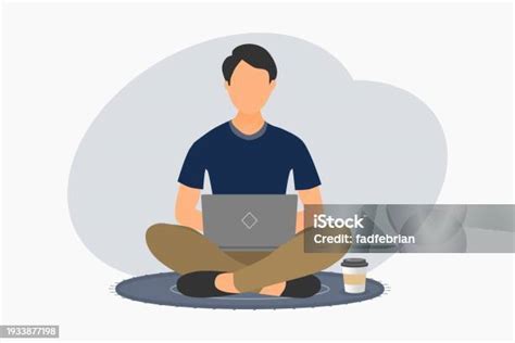한 젊은이가 바닥에 앉아 노트북으로 작업하고 있습니다 벡터 일러스트 레이 션입니다 개념에 대한 스톡 벡터 아트 및 기타 이미지
