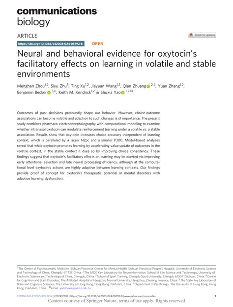 Pdf Neural And Behavioral Evidence For Oxytocins Facilitatory Effects On Learning In Volatile