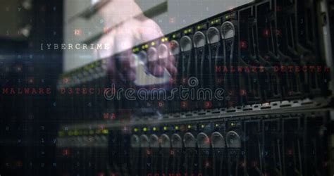 Image Of Cyber Attack Warning Over Hand Of Caucasian Man In Server Room Stock Image Image Of
