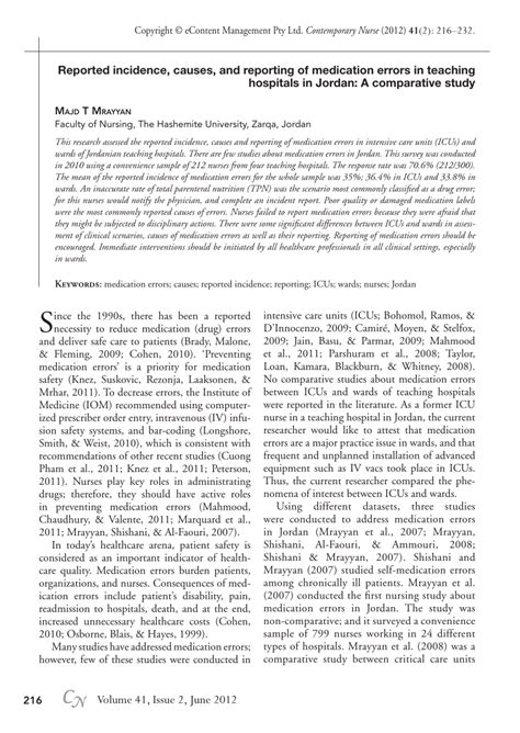 PDF Reported Incidence Causes And Reporting Of Medication Errors In Teaching Hospitals In