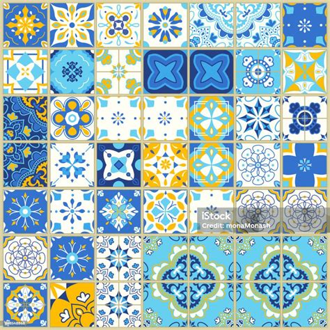 포르투갈 타일 패턴 원활한입니다 흰색 배경에 Azulejo의 벡터 그림입니다 지중해 스타일입니다 파란색과 노란색 디자인 0명에