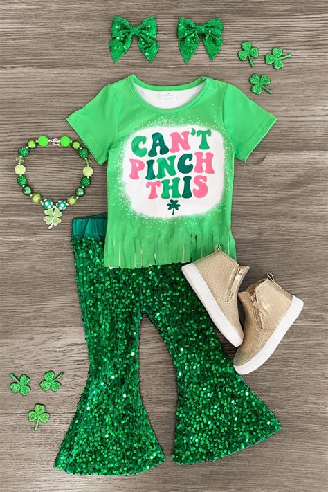 Cant Pinch This Bell Bottom Set Girls St Patricks Day Clothing Sparkle In Pink