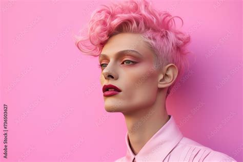 Pink Non Binary Model Happy Person Wearing Rose Clothes With Pink