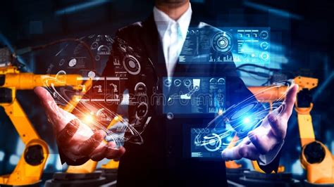 Engineer Use Cybernated Robotic Software Control Industry Robot Arm In Factory Stock Image