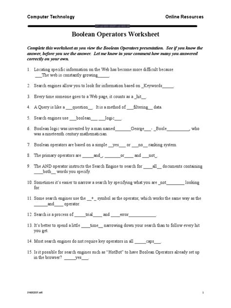 Boolean Operators Worksheet Pdf Career And Growth