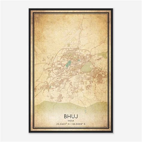 Vintage Bhuj India Map Poster Bhuj City Road Wall Art Print Custom