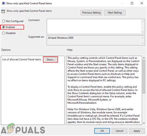 How To Hide Show Specific Control Panel Items In Windows