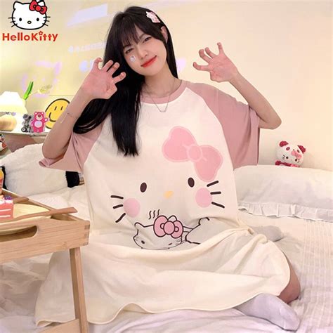 헬로 키티 시나모롤 쿠로미 플러스 사이즈 나이트 드레스 산리오 애니메이션 카와이 한국 패션 캐주얼 귀여운 소녀 잠옷 임산부