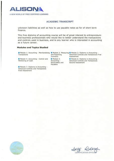 Academic Transcript Diploma In Accounting Advanced Controls And
