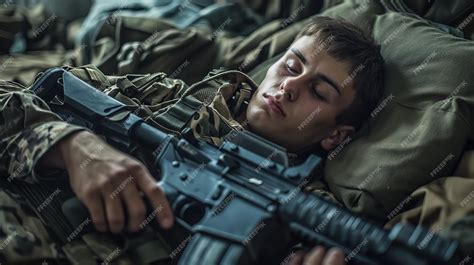 Young Soldier Asleep With Rifle In A Safe Zone Premium Ai Generated Image