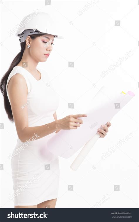 Стоковая фотография 627083381 Sexy Girl Structural Engineer Looking Drafting Shutterstock