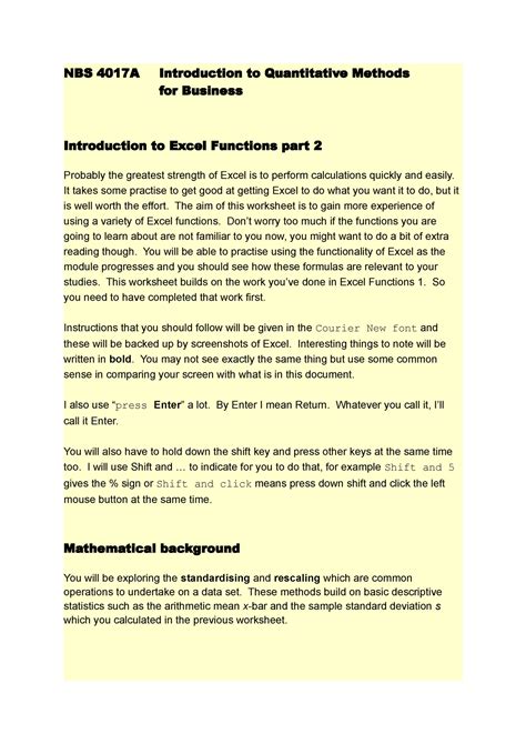 Week 5 Excel Functions Part 2 Nbs 4017 A Introduction To Quantitative