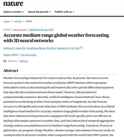 《自然》杂志正刊发表华为云盘古气象大模型研究成果 数据 大会 全球