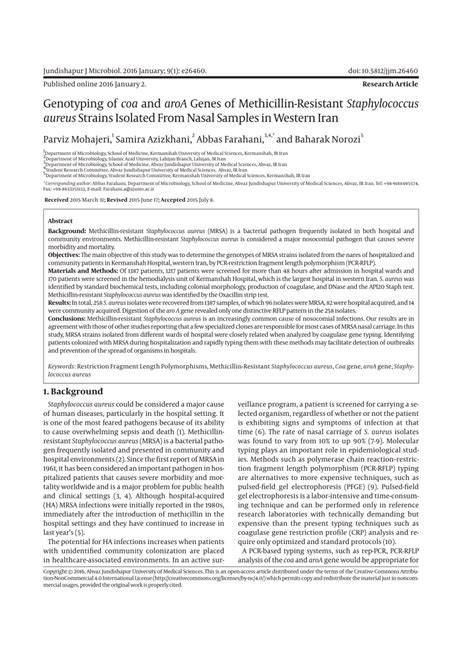 Pdf Genotyping Of Coa And Aroa Genes Of Methicillin Resistant Staphylococcus Aureus Strains