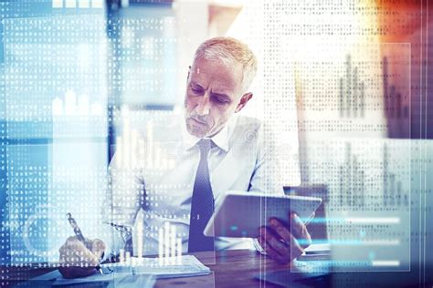 Overlay Graph And Businessman On Tablet Writing For Finance Analytics Website And Fintech