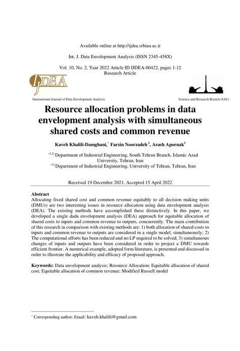 Pdf Resource Allocation Problems In Data Envelopment Analysis With