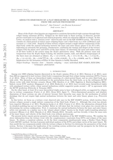 Pdf Absolute Dimensions Of A Flat Hierarchical Triple System Kic 6543674 From The Kepler