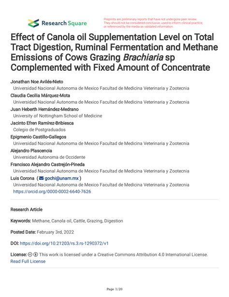 Pdf Effect Of Canola Oil Supplementation Level On Total Tract Digestion Ruminal Fermentation