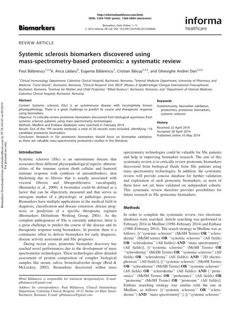 Pdf Systemic Sclerosis Biomarkers Discovered Using Mass Spectrometry Based Proteomics A