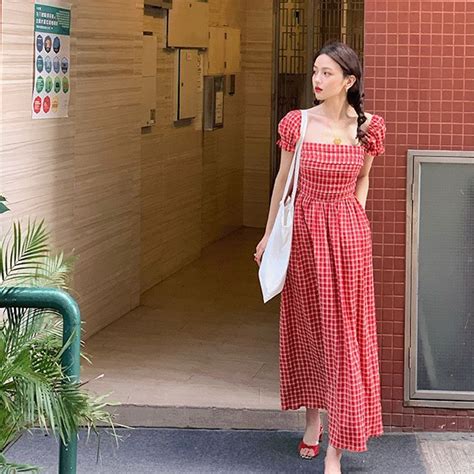 여름휴가썸머 반팔 여름롱원피스 체크 스퀘어넥 하이웨스트 A라인 플레어롱원피스 스모크 밴딩 깅엄 체크셔츠 편안한 해외여행룩 데이트룩 데일리룩 20대 30대 여성의류 쇼핑몰