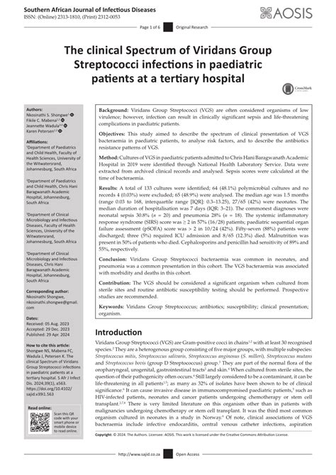 Pdf The Clinical Spectrum Of Viridans Group Streptococci Infections In Paediatric Patients At