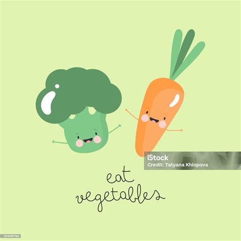 만화 스타일의 재미있는 당근과 브로콜리 아이들의 물건 카드 포스터 배너 책 팩인쇄 옷 직물 벽지 섬유 또는 요리에 인쇄 벡터 그림입니다 건강한 식생활에 대한 스톡 벡터 아트