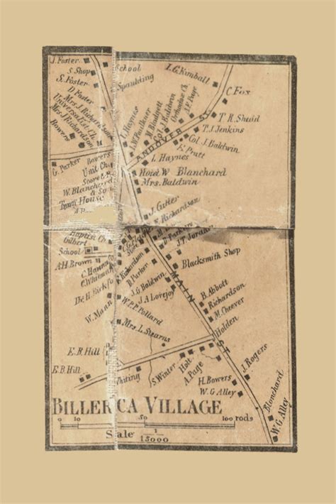 Billerica Village Billerica Massachusetts 1856 Old Town Map Custom