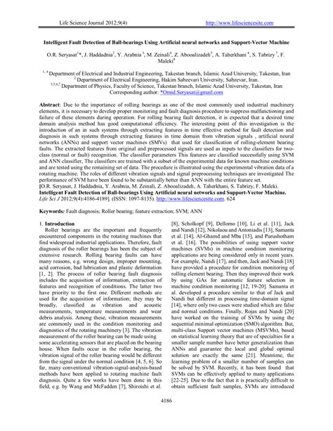 Pdf Intelligent Fault Detection Of Ball Bearings Using Artificial Neural Networks And Support