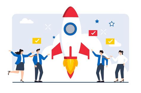 Premium Vector Professionals Collaborating To Launch New Project With Rocket Symbolizing Growth