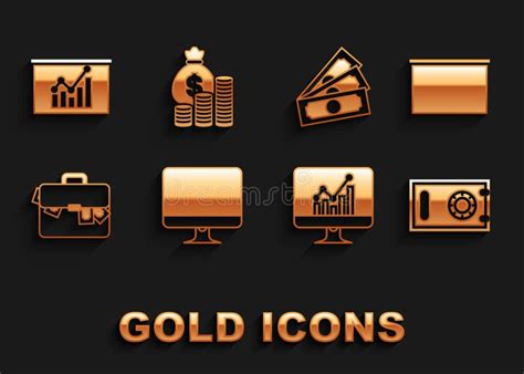 Set Computer Monitor Screen Chalkboard Safe With Graph Chart Briefcase And Money Stacks
