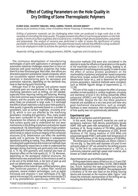 Pdf Effect Of Cutting Parameters On The Hole Quality In Dry Drilling Of Some Thermoplastic