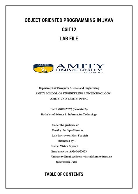 Object Oriented Programming In JAVA Lab Journal OBJECT ORIENTED PROGRAMMING IN JAVA CSIT LAB