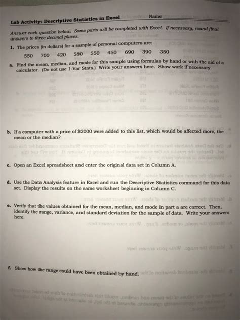 Solved Name Lab Activity Descriptive Statistics In Excel