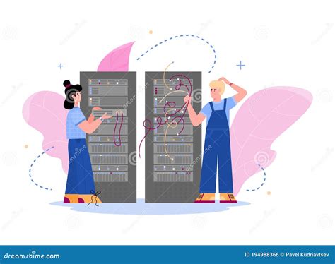 Data Hosting Center With Engineers In Server Room Cartoon Vector Illustration Stock Vector