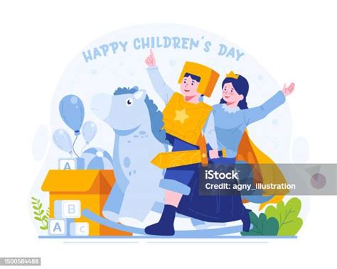 어린이 날 개념 그림입니다 행복한 귀여운 소년과 소녀가 왕자 기사와 공주 동화로 흔들 목마를 연주하고 있다 개념에 대한 스톡 벡터 아트 및 기타 이미지 Istock
